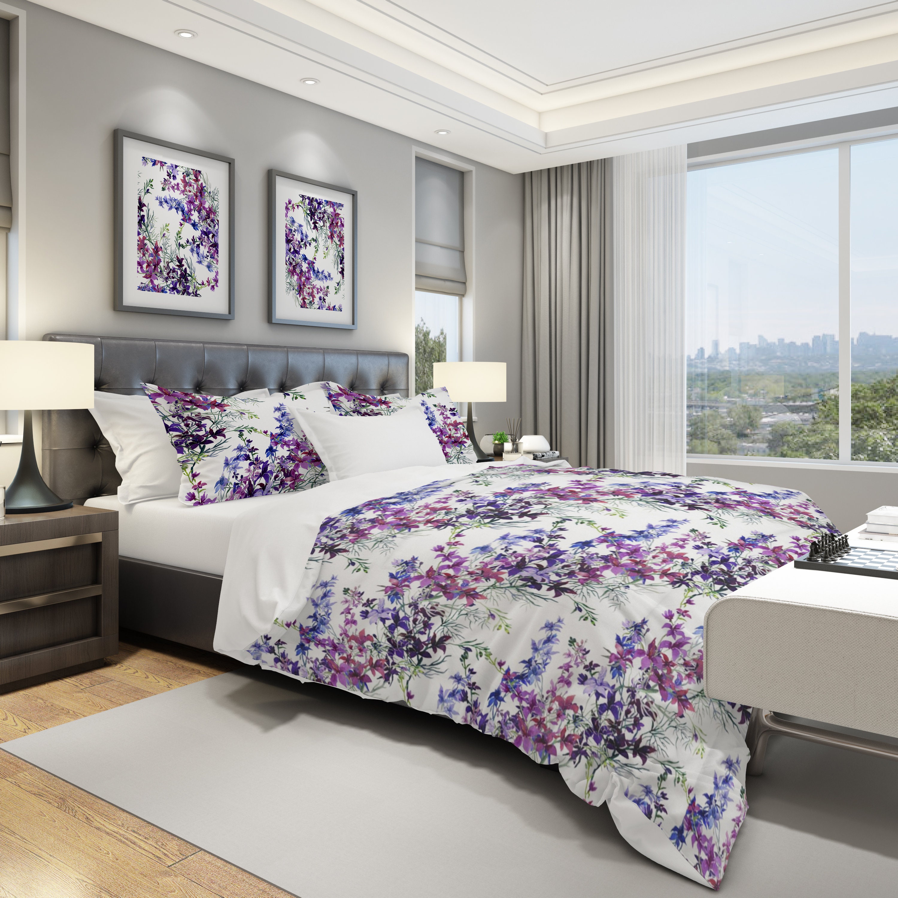 White Comforter With Purple, Blue Flowers, Floral Bedding Set With ...