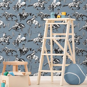 Blue Wallpaper With Cowboy, Wild West Decor, Southwestern Wall Paper ...