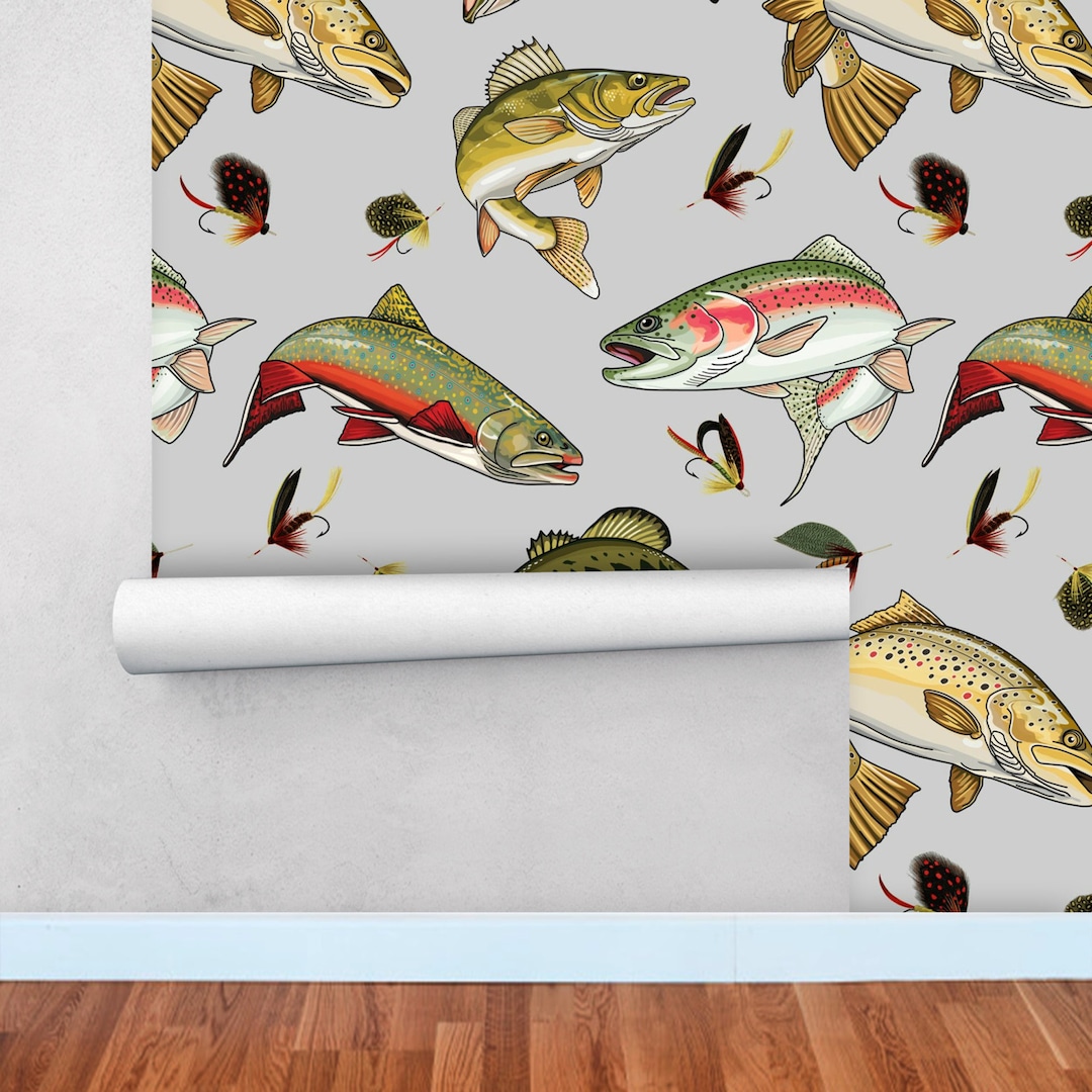 Fishing Wallpaper, Gray Wall Paper With Salmon, Lake House Decor ...