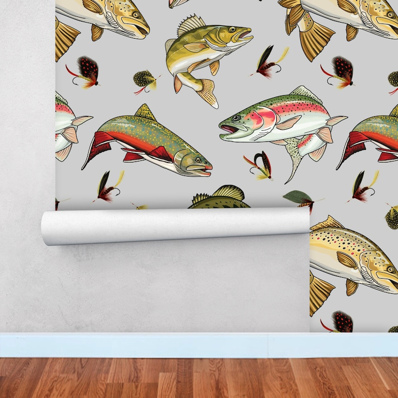 Fish Wallpaper, Gray Wall Paper Peel and Stick With Salmon, Fishing ...
