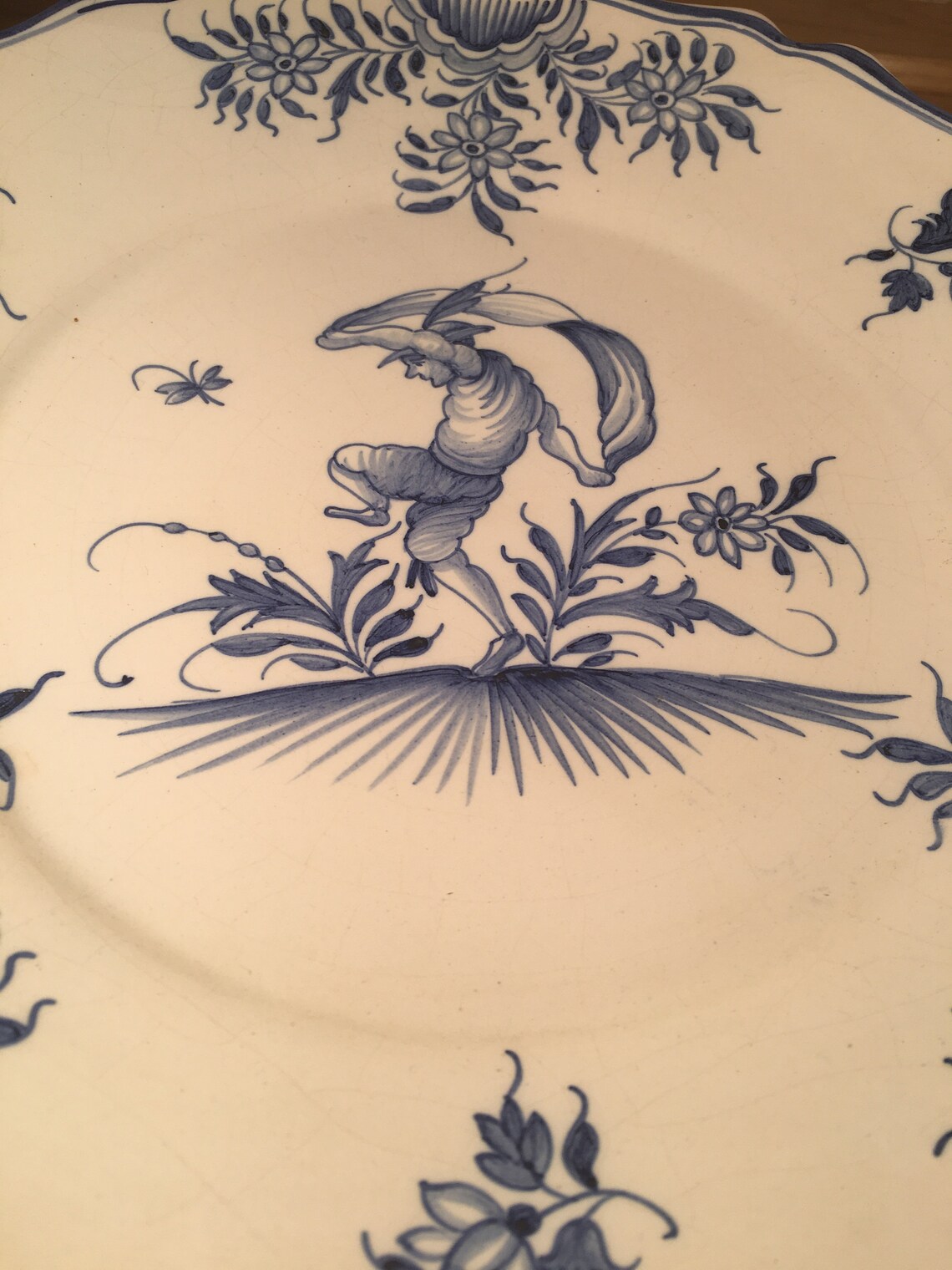 French Antique Blue and White Plates Set C1940, Signed, 4 Large Faience ...