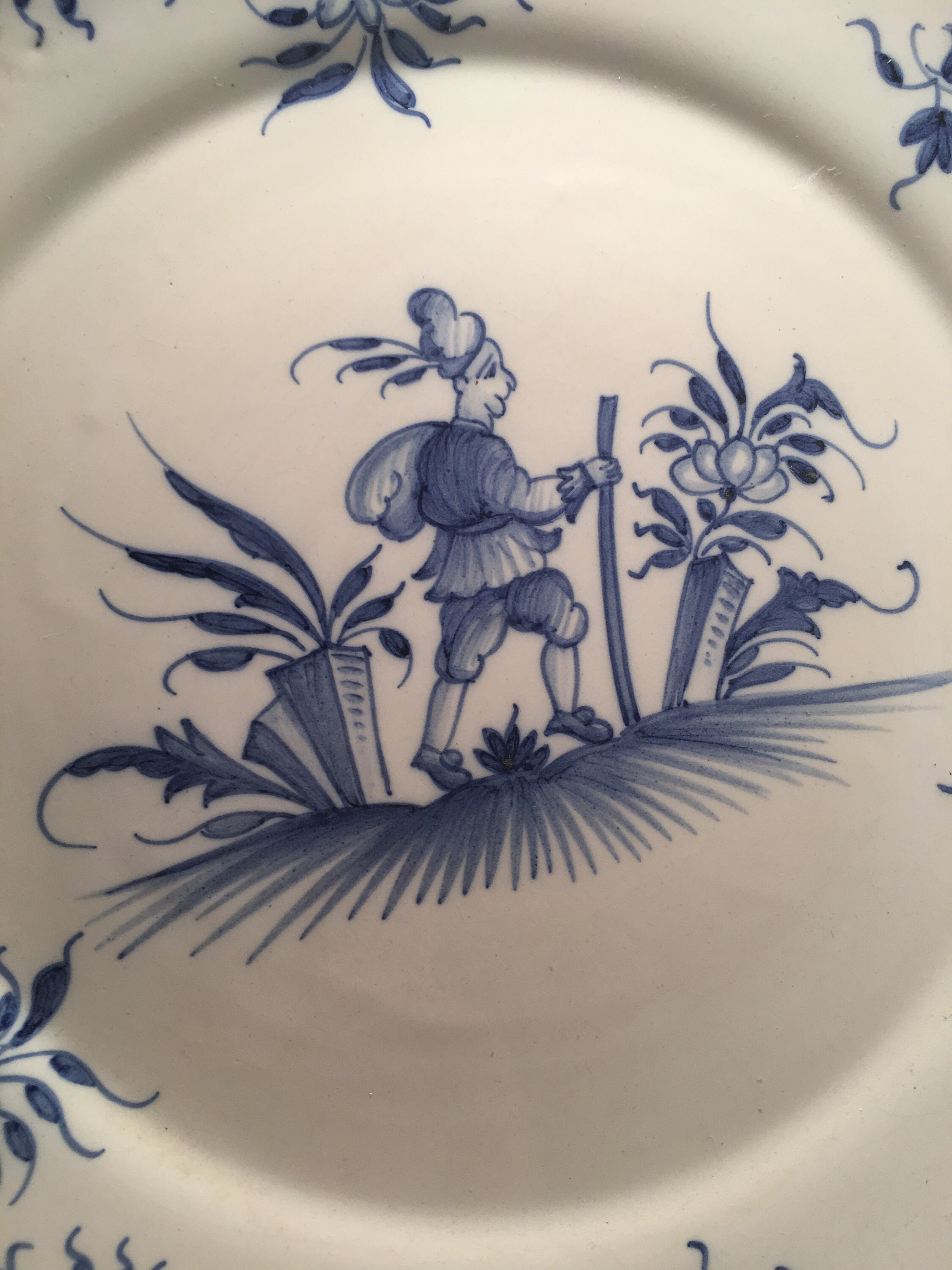 French Antique Blue and White Plates Set C1940, Signed, 4 Large Faience ...