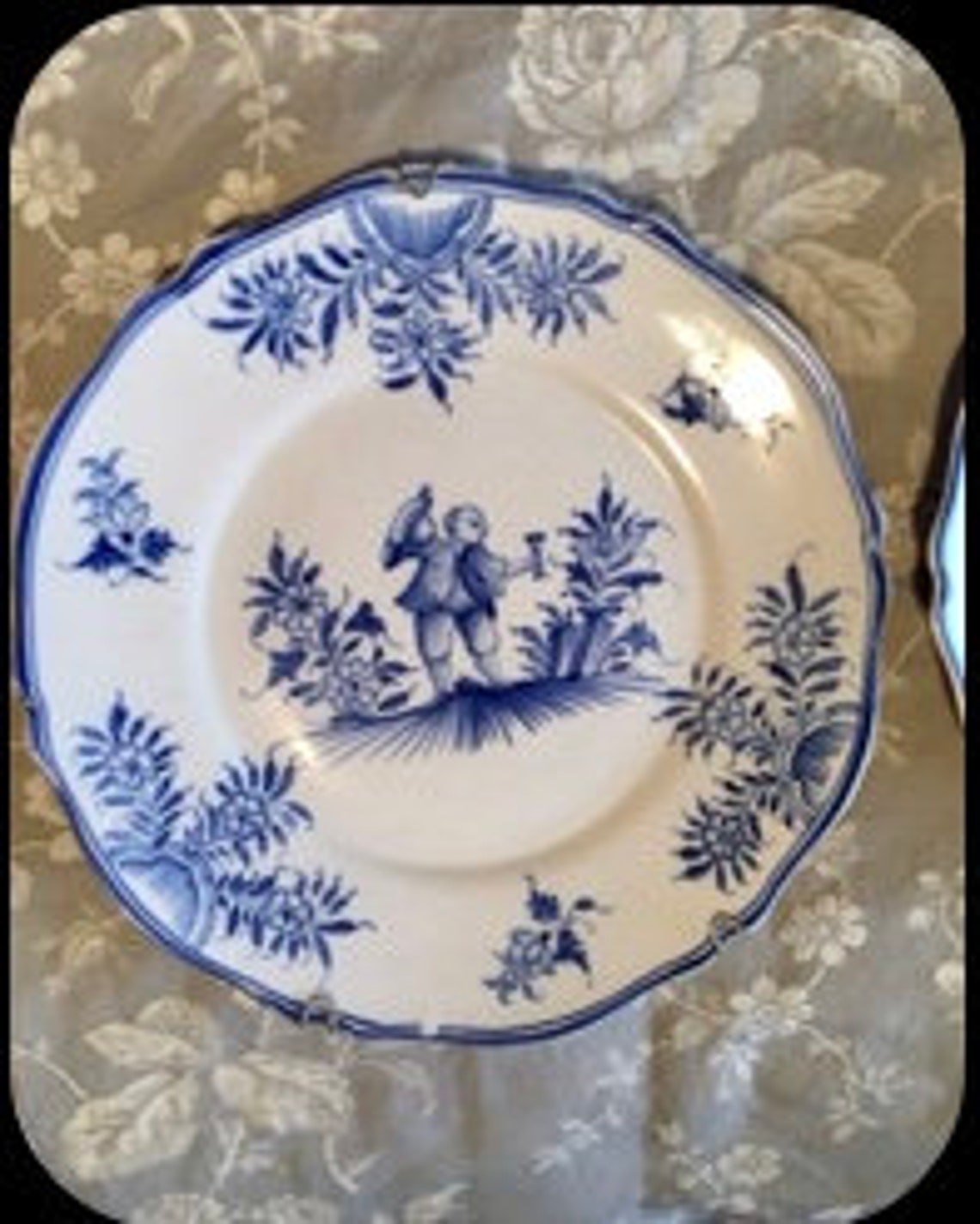 French Antique Blue and White Plates Set C1940, Signed, 4 Large Faience ...