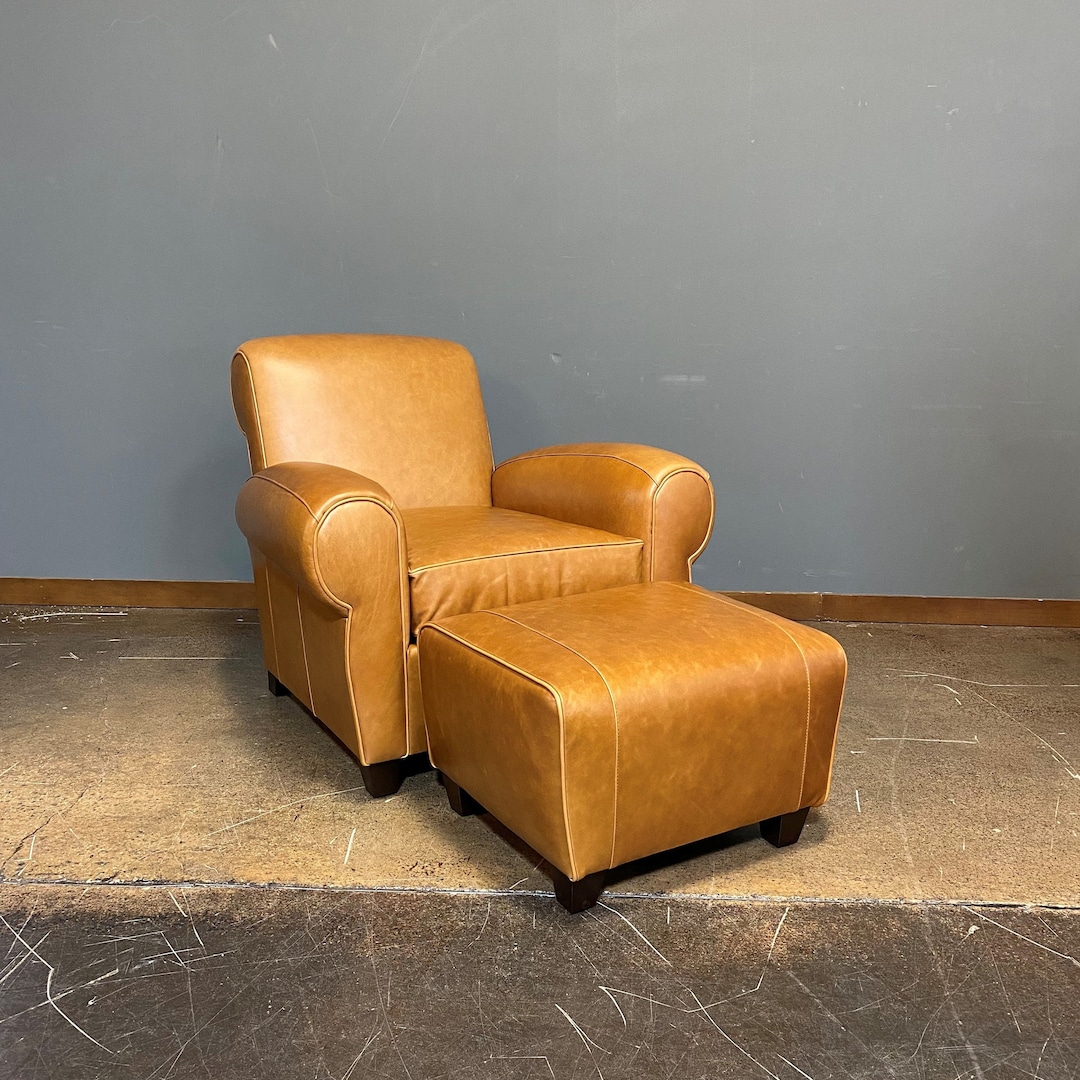 1920's Inspired Parisian Scroll Back Club Chair & Ottoman in Aniline ...