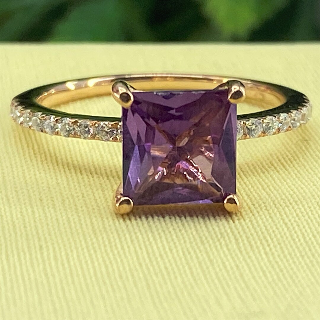 Solitaire Engagement Ring Prince Cut Amethyst & Moissanite Wedding ...