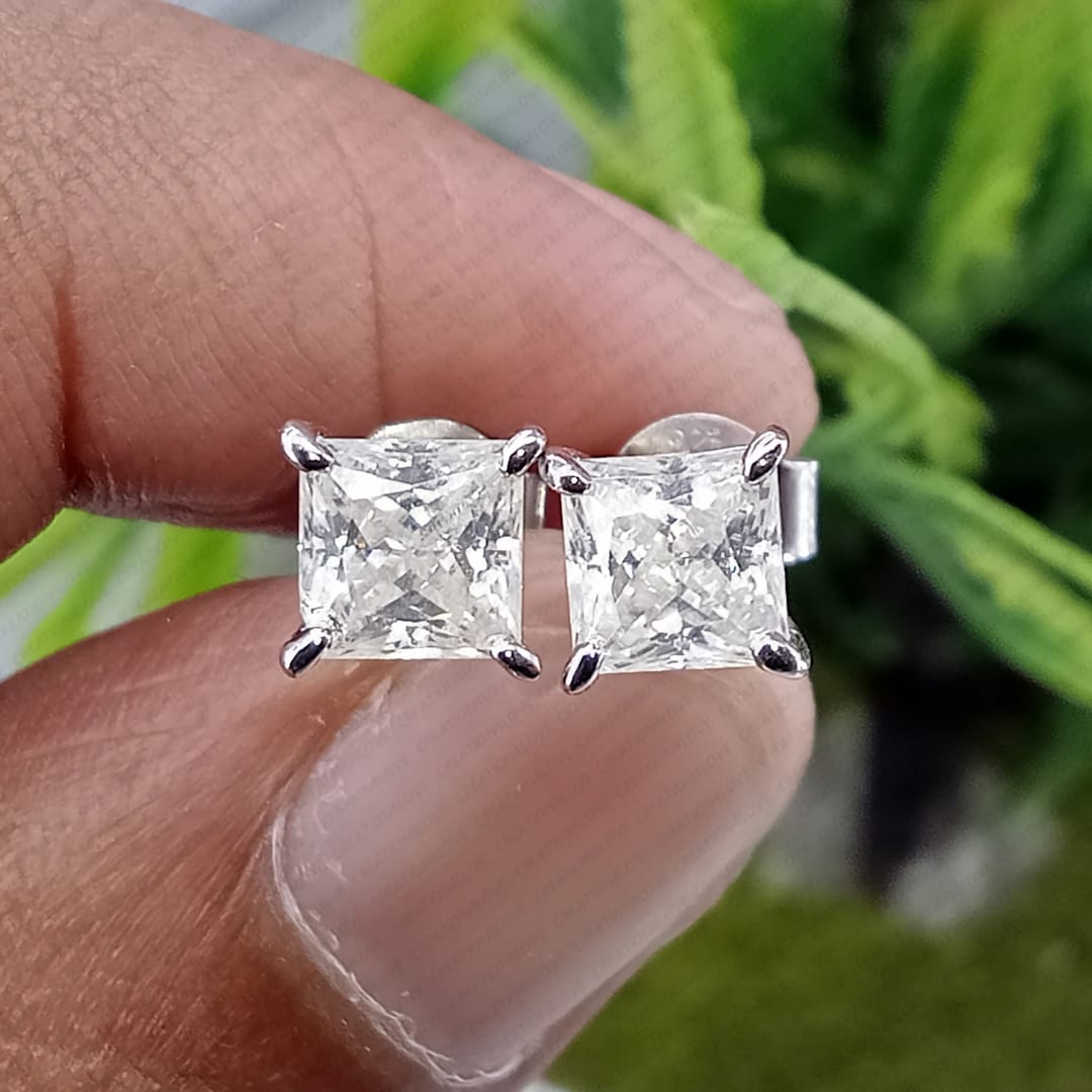 Lab Grown Diamond Stud Earring, Princess Cut Colorless Moissanite ...