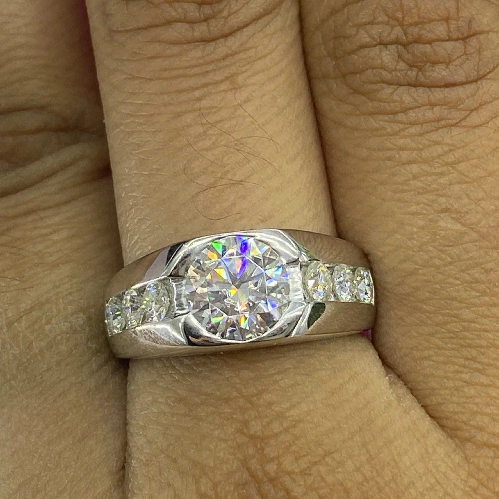 Men's Lab Grown Diamond Band Ring 14K White Gold Wedding Ring Gift for ...