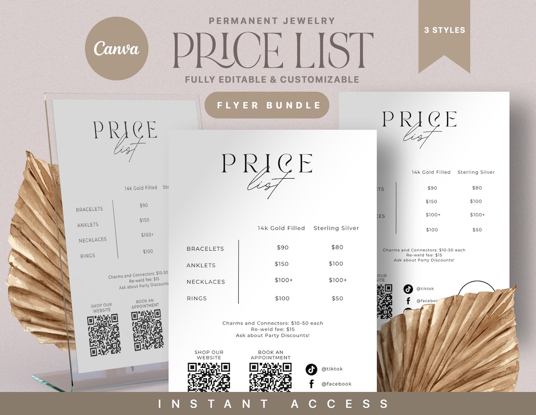Canva Permanent Jewelry Sign, Permanent Jewelry Price List, Permanent ...