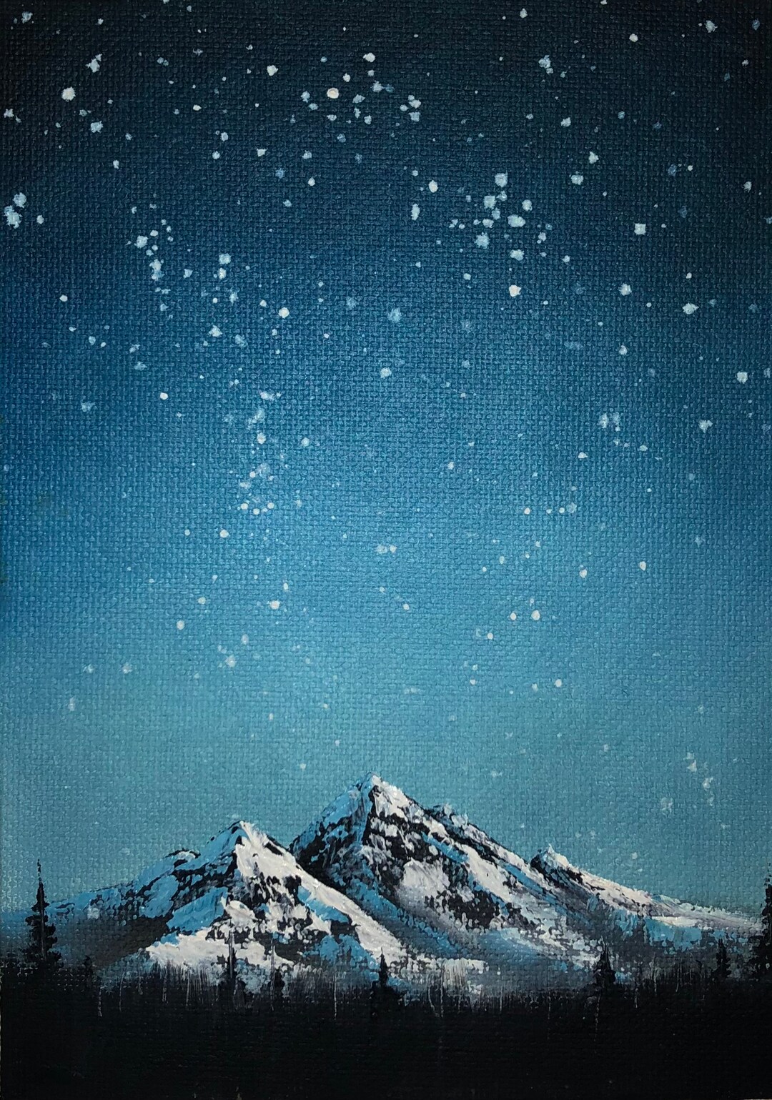 Snowy, Starry Mountain, 5x7 Mini Original Oil Painting, Bob Ross Style ...