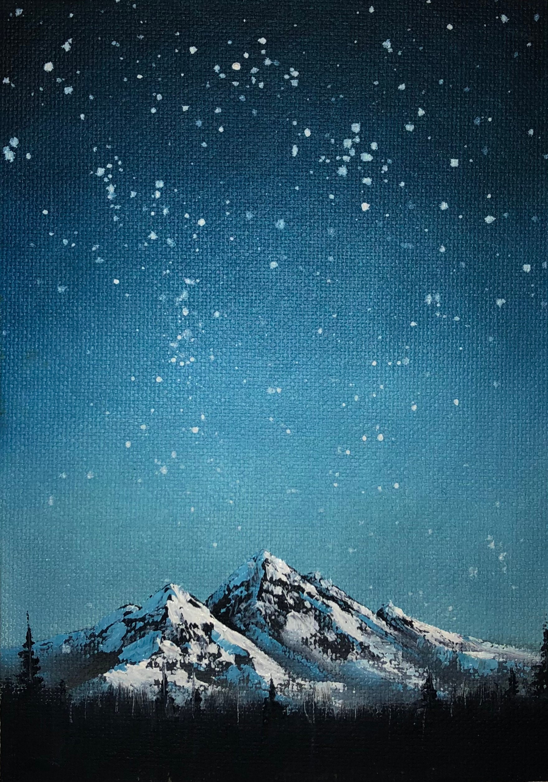 Snowy, Starry Mountain, 5x7 Mini Original Oil Painting, Bob Ross Style ...