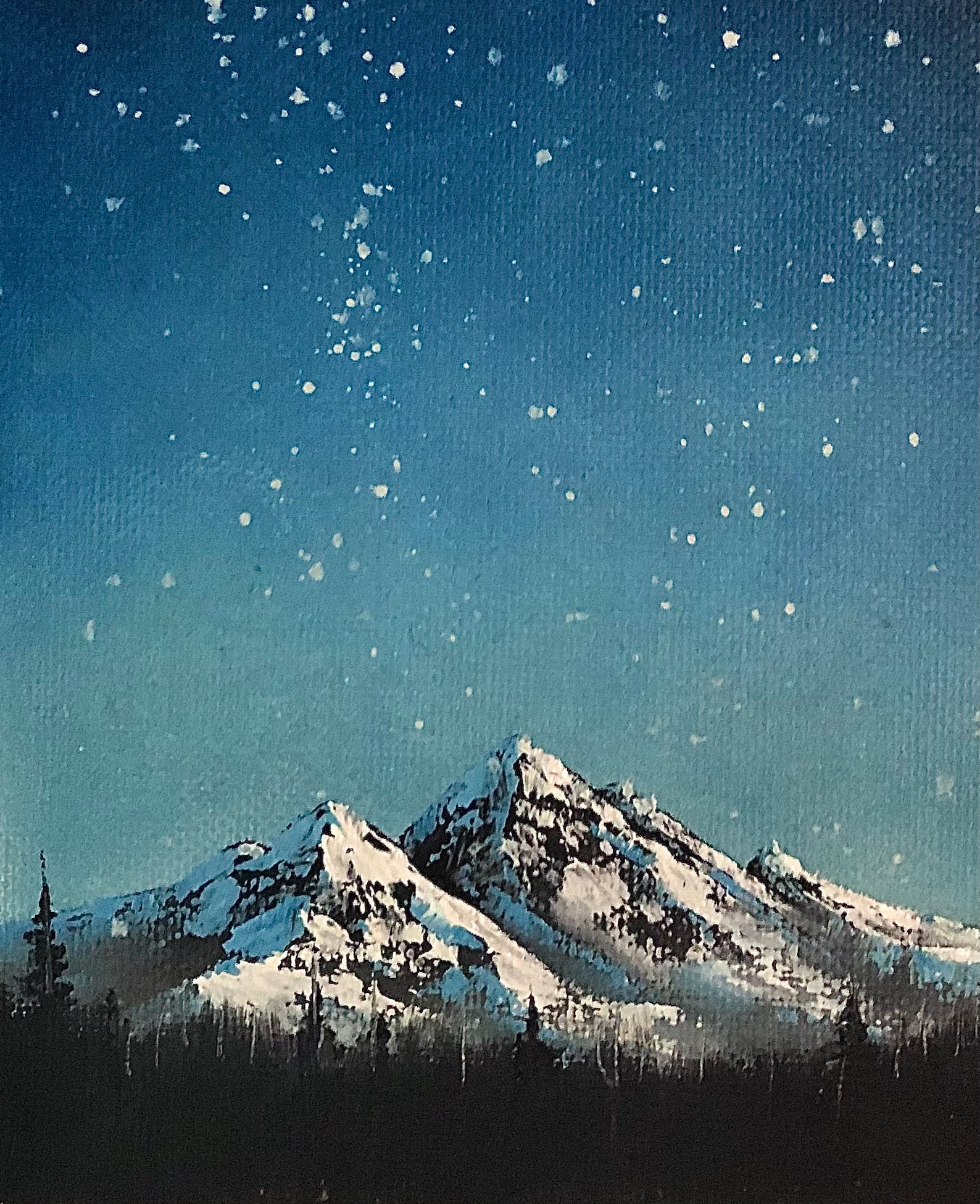 Snowy, Starry Mountain, 5x7 Mini Original Oil Painting, Bob Ross Style ...