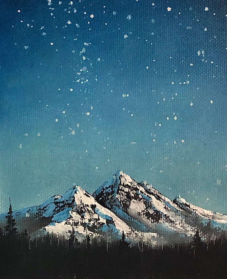 Snowy, Starry Mountain, 5x7 Mini Original Oil Painting, Bob Ross Style ...