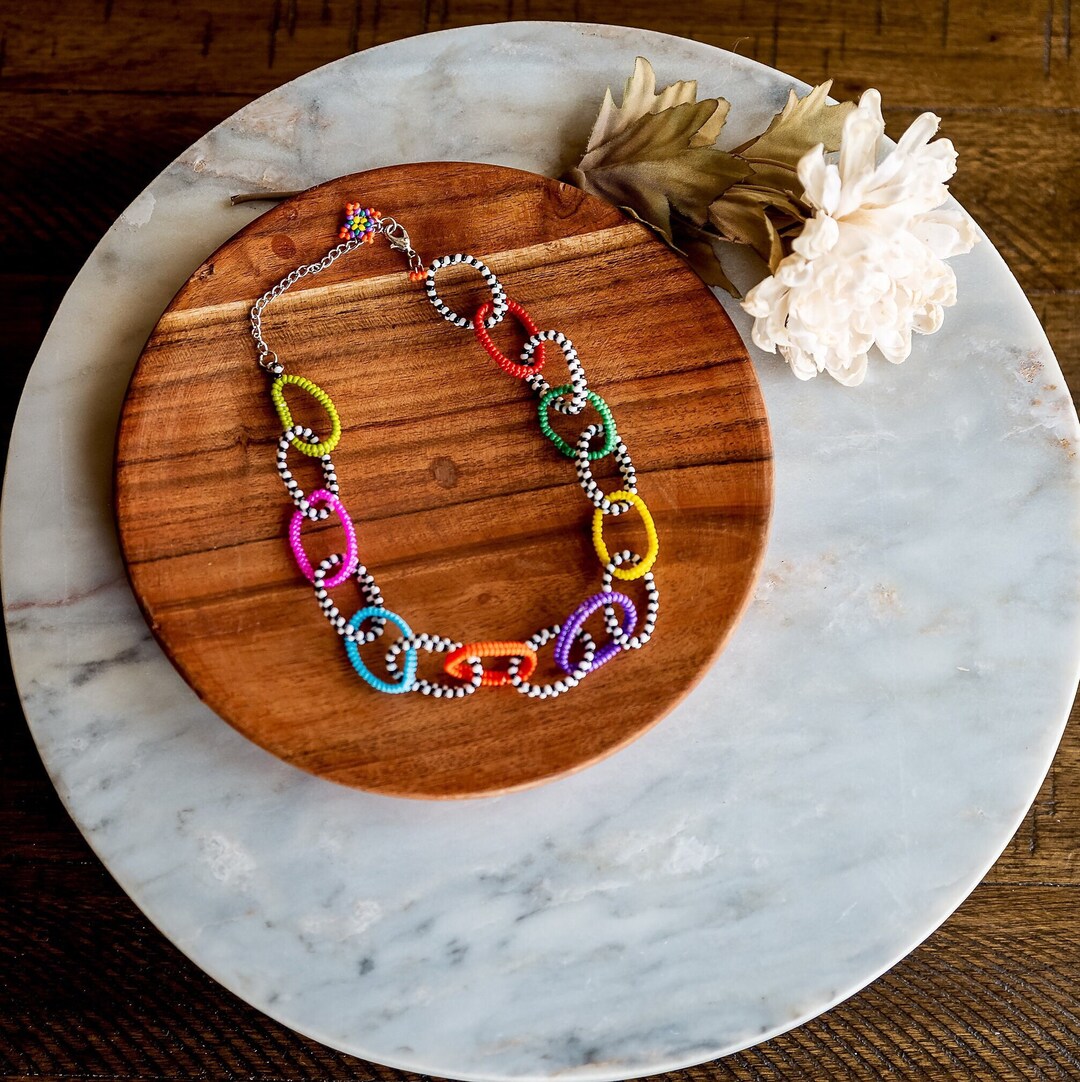 Chain Necklace Beaded Chain Necklace Checkered Necklace Indie Necklace ...