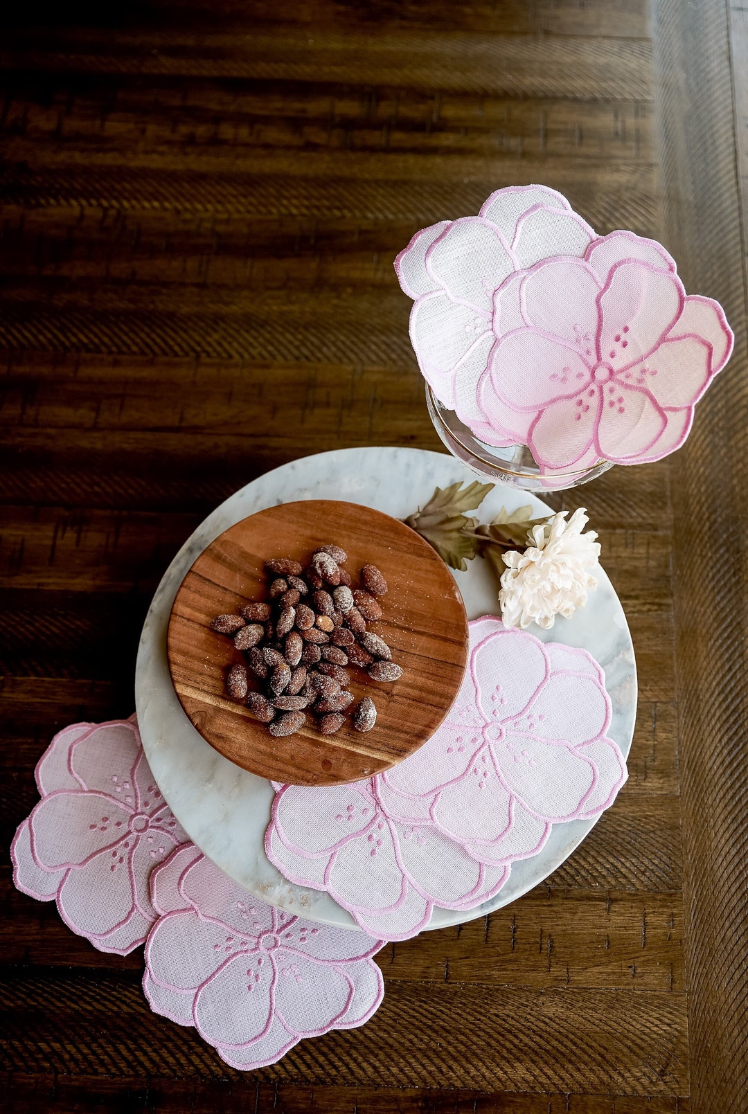 Floral Cocktail Napkin Pink Flower Embroidered Linen Napkin Cloth ...