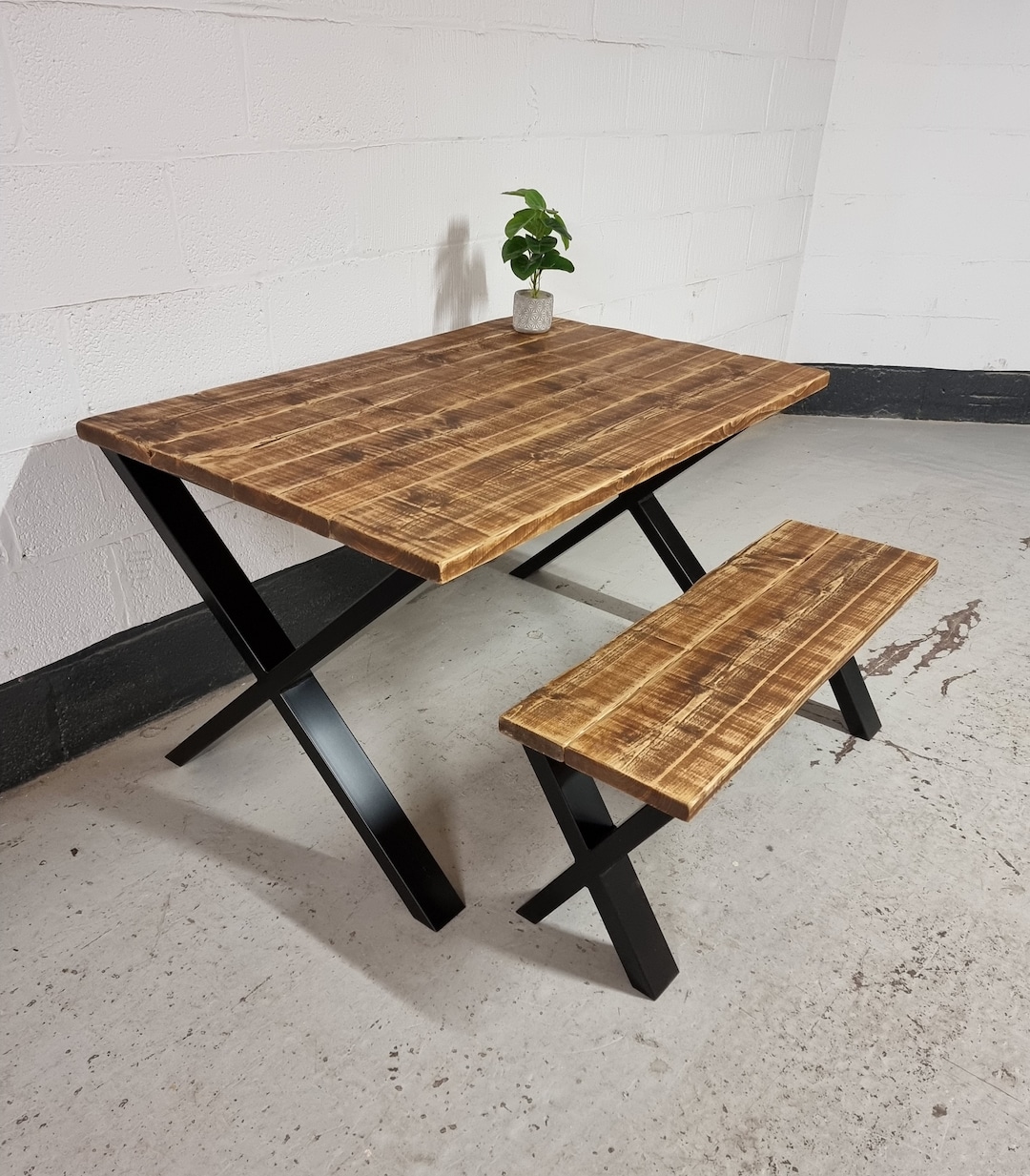 Rustic Dining Table & Bench Set (one, or Two Benches), With Black Steel ...