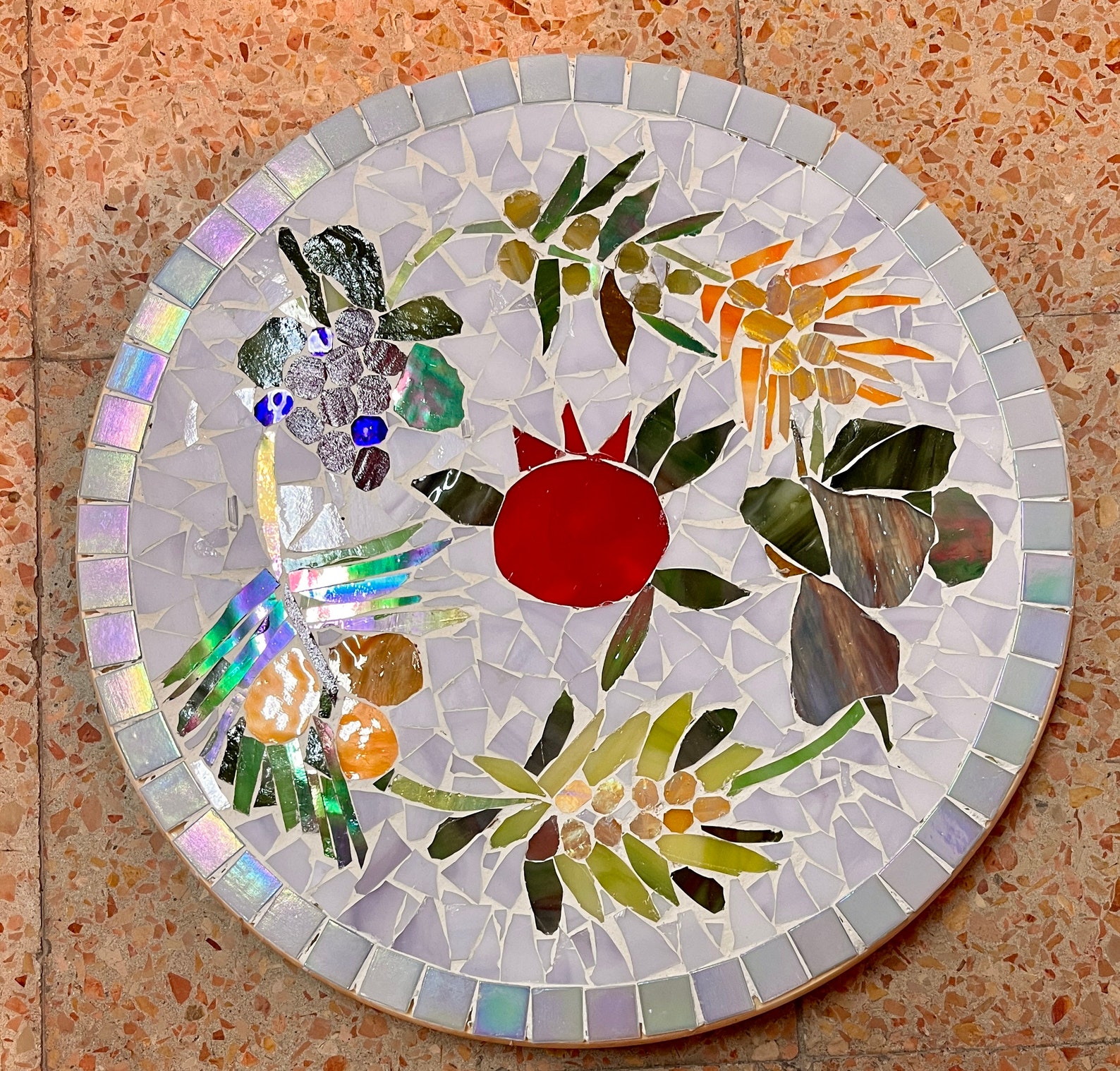 Made in Israel- Glass Mosaic Round Floral Seven Species Lazy Susan ...
