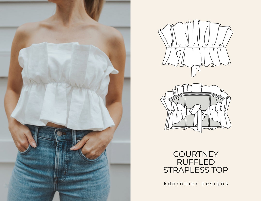 Courtney Ruffled Strapless Top PDF Sewing Pattern and Tutorial, Sizes 0 ...