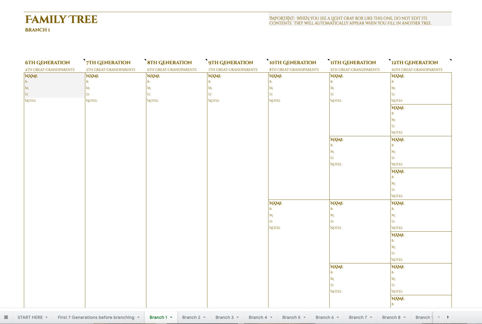 BIG Family Tree Spreadsheet - ULTIMATE 12 Generation Lineage Pedigree ...