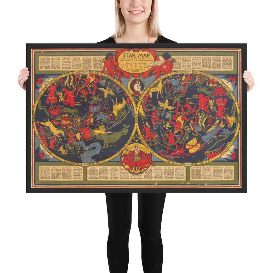 Huge Vintage Star Map Framed Poster With Astrology and Celestial Art - Etsy