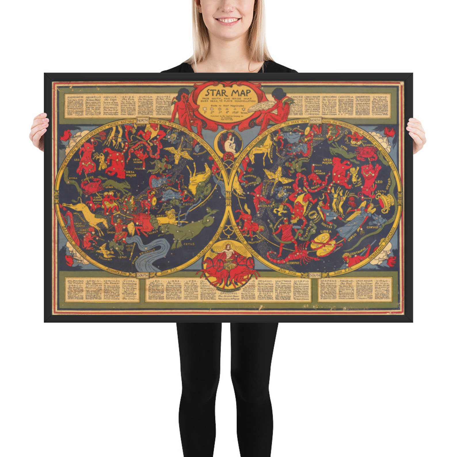 Huge Vintage Star Map Framed Poster With Astrology and Celestial Art - Etsy