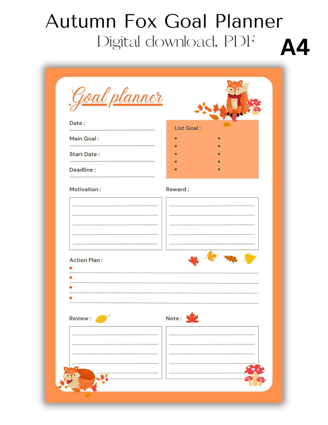 Goal Planner, Digital Download, Printable, PDF, Digital Use, Autumn ...