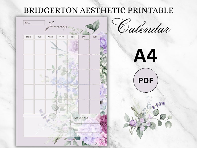 Bridgerton Aesthetic, Calendar, Printable, Downloadable, Pastel, Floral ...