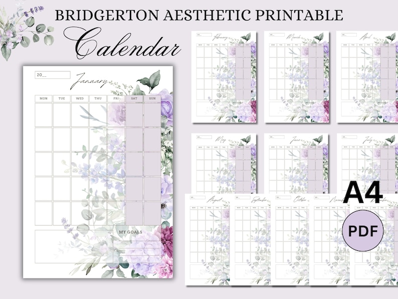 Bridgerton Aesthetic, Calendar, White, Pastel, Printable, Downloadable ...