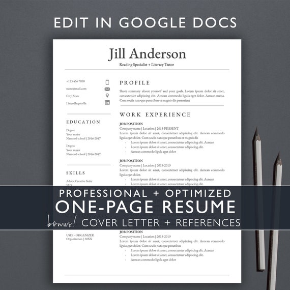 One-page Google Docs Resume Template Google Docs Resume | Etsy