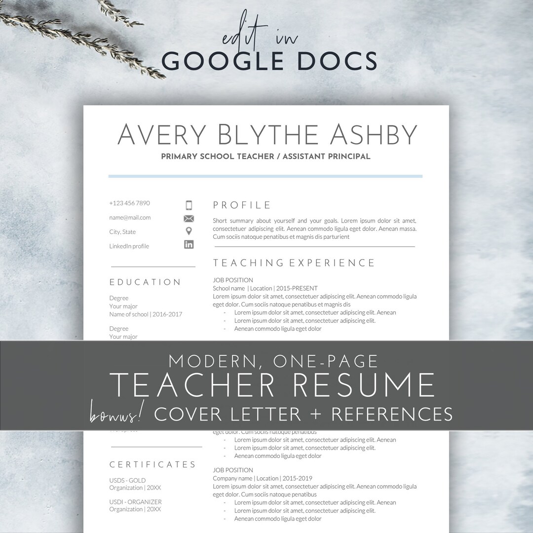 One-page Google Docs Resume Template, Teacher Resume, Template Instant ...