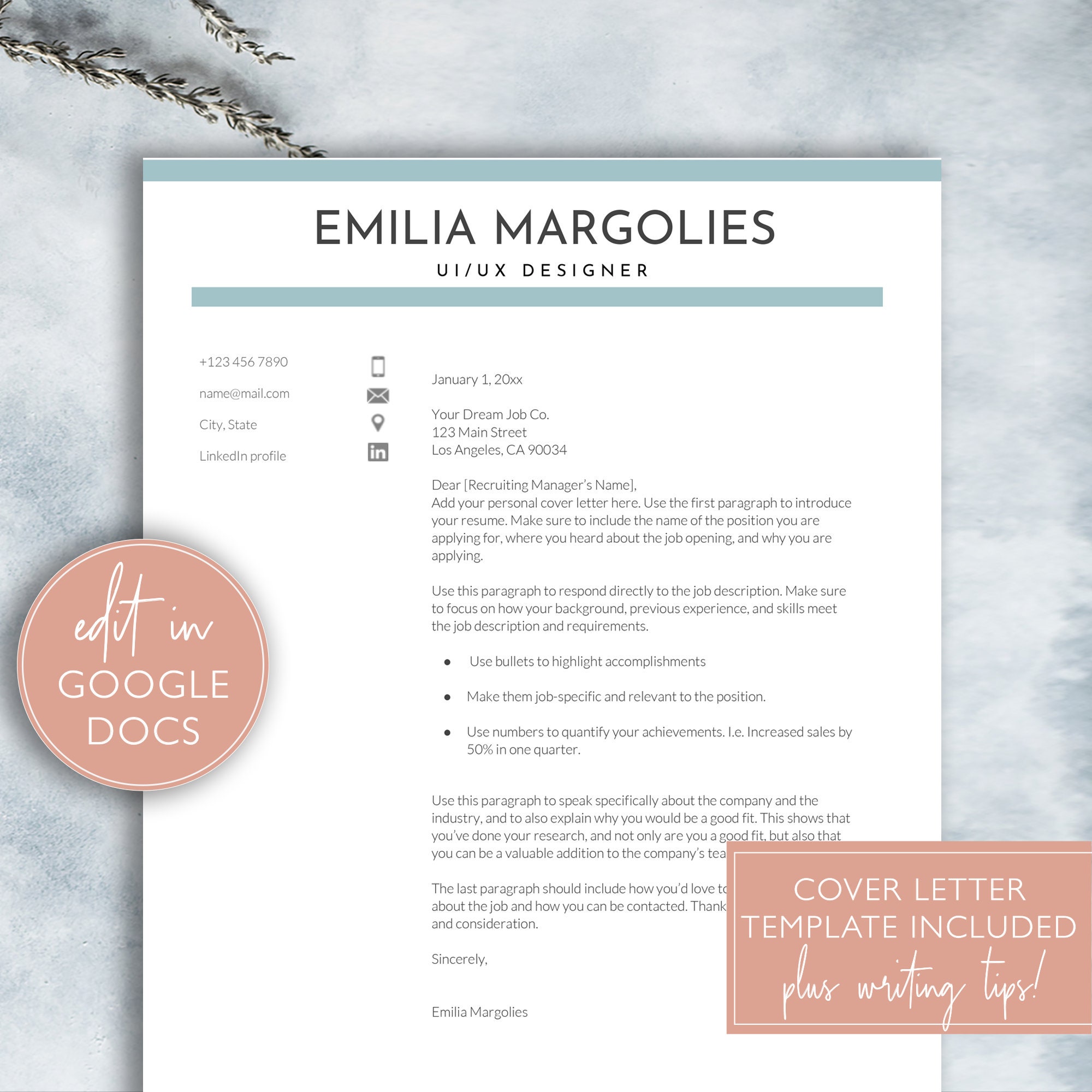 One page Google Docs Resume Template Google Docs Resume Etsy
