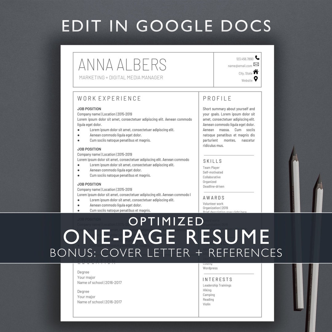 One-page Resume /google Docs Resume Template / Instant Download ...