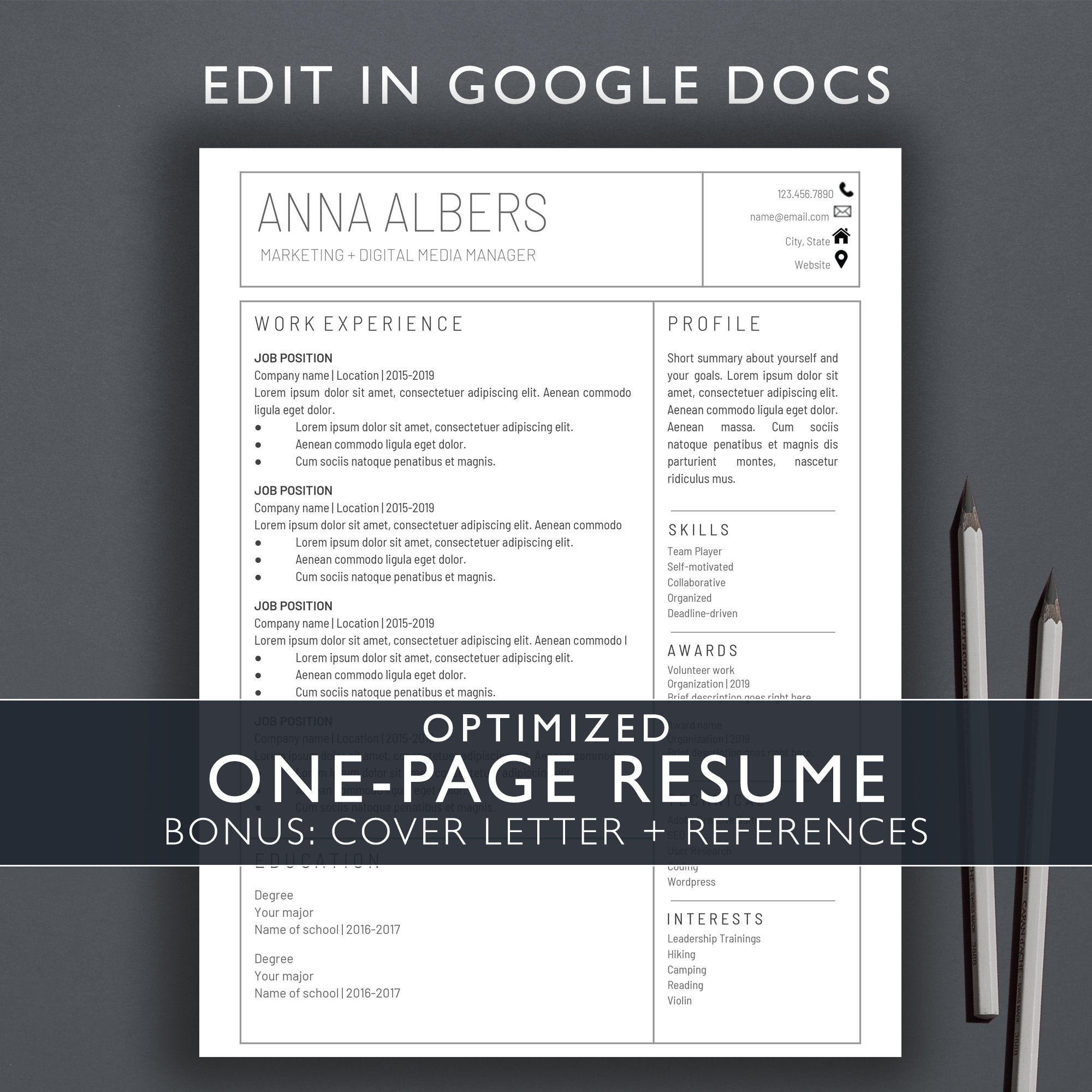 One-page Resume /google Docs Resume Template / Instant Download ...