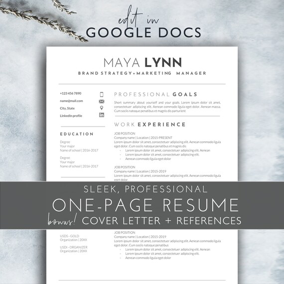 Google Docs Resume Template One Page Resume Template Google - Etsy