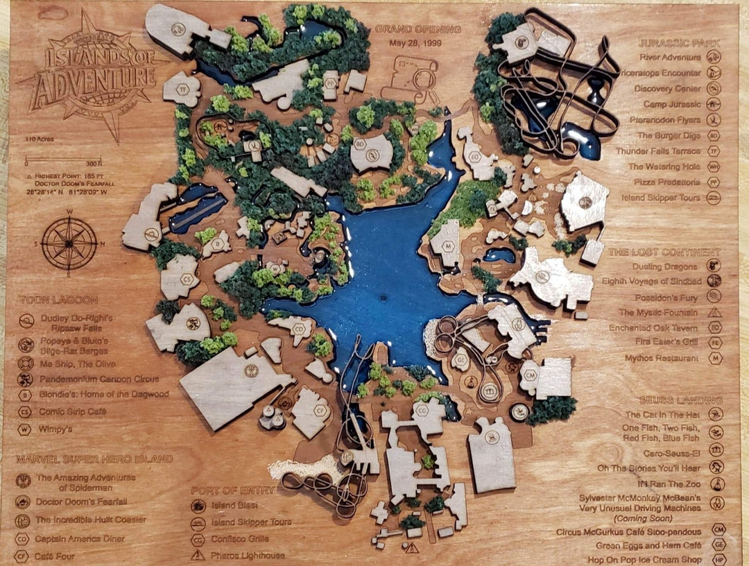 Islands of Adventure 1999 Park Map - Universal Orlando - Wood Relief ...