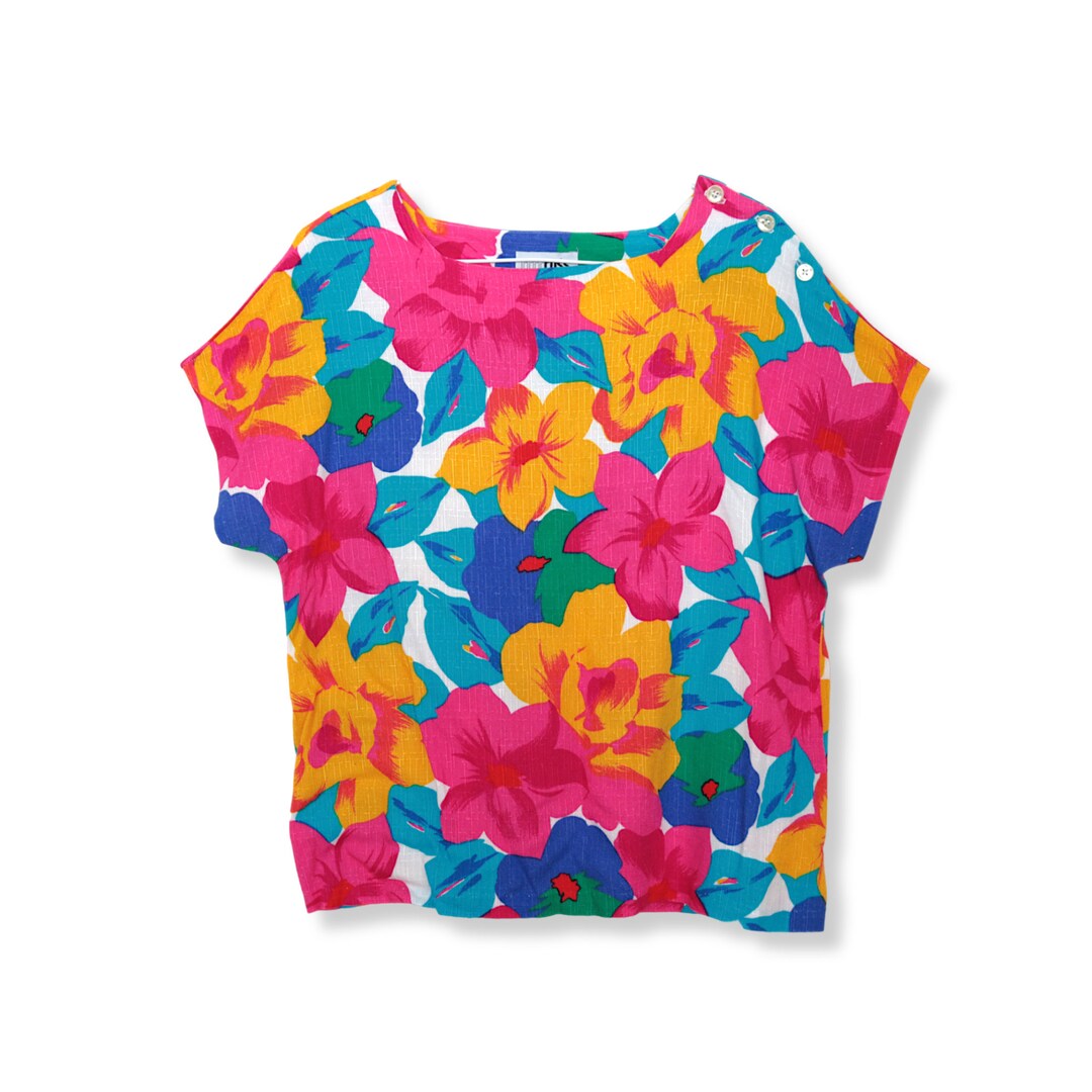Vintage Bright Bold Floral Multicolored Tropical Print Top Size L - Etsy