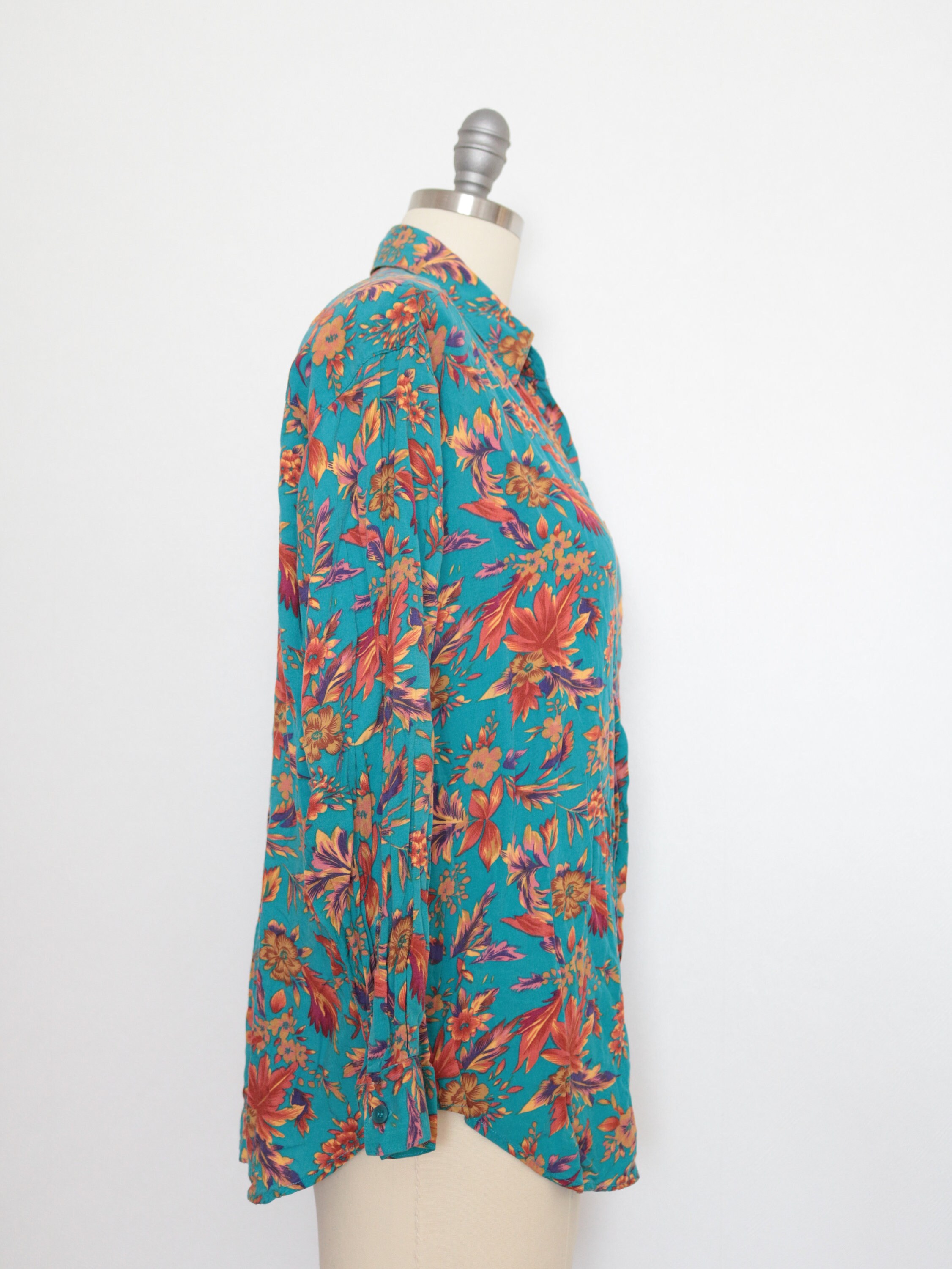Vintage Teal Turquoise Colorful Floral Print Long Sleeve Blouse Top ...