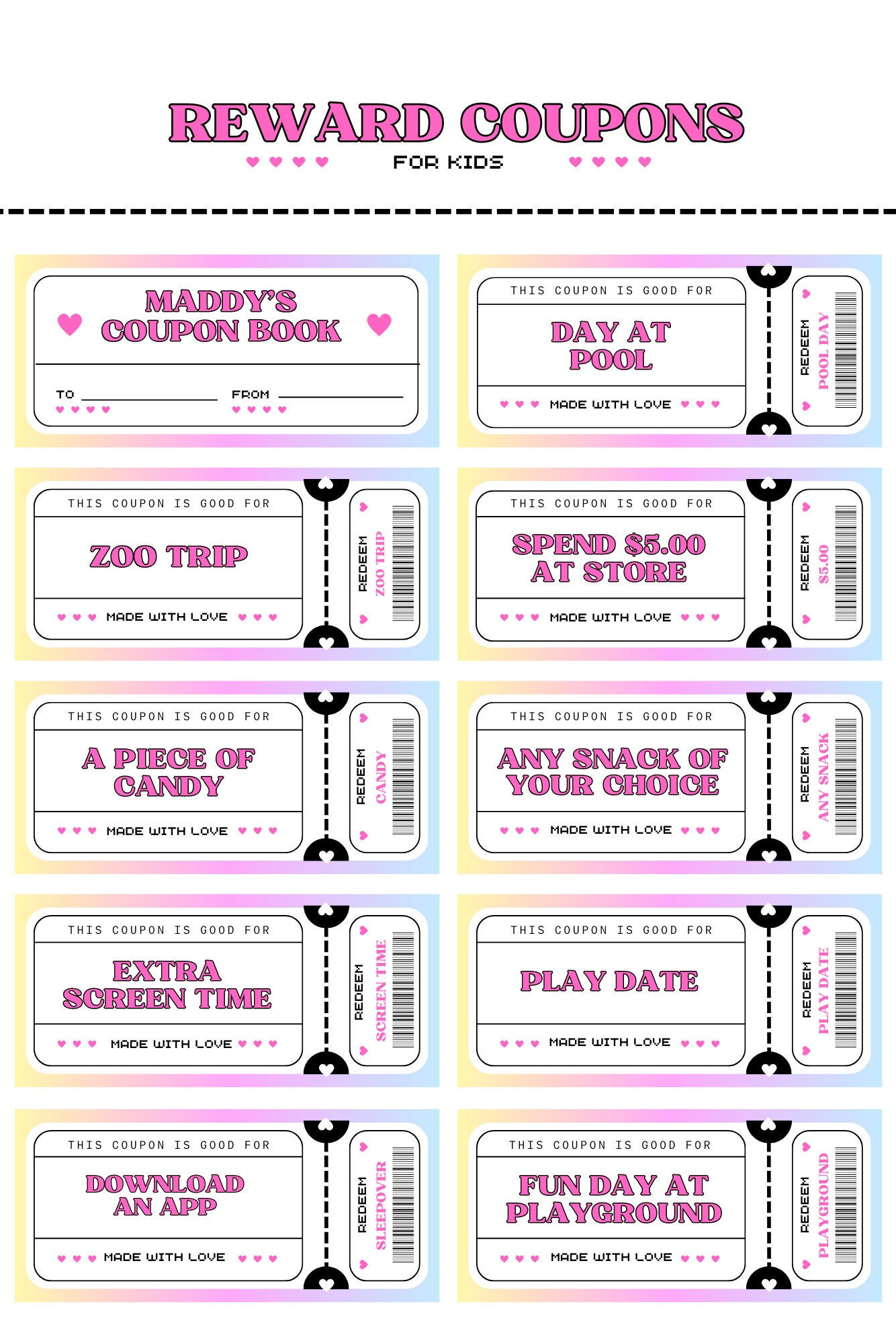 Editable Coupon Book for Kids, Printable Kids Reward Coupons Template ...
