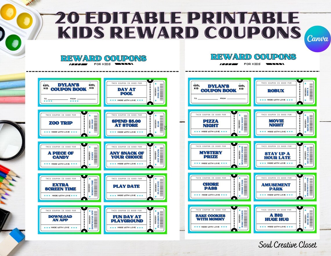 Editable Coupon Book for Kids, Printable Kids Reward Coupons Template ...