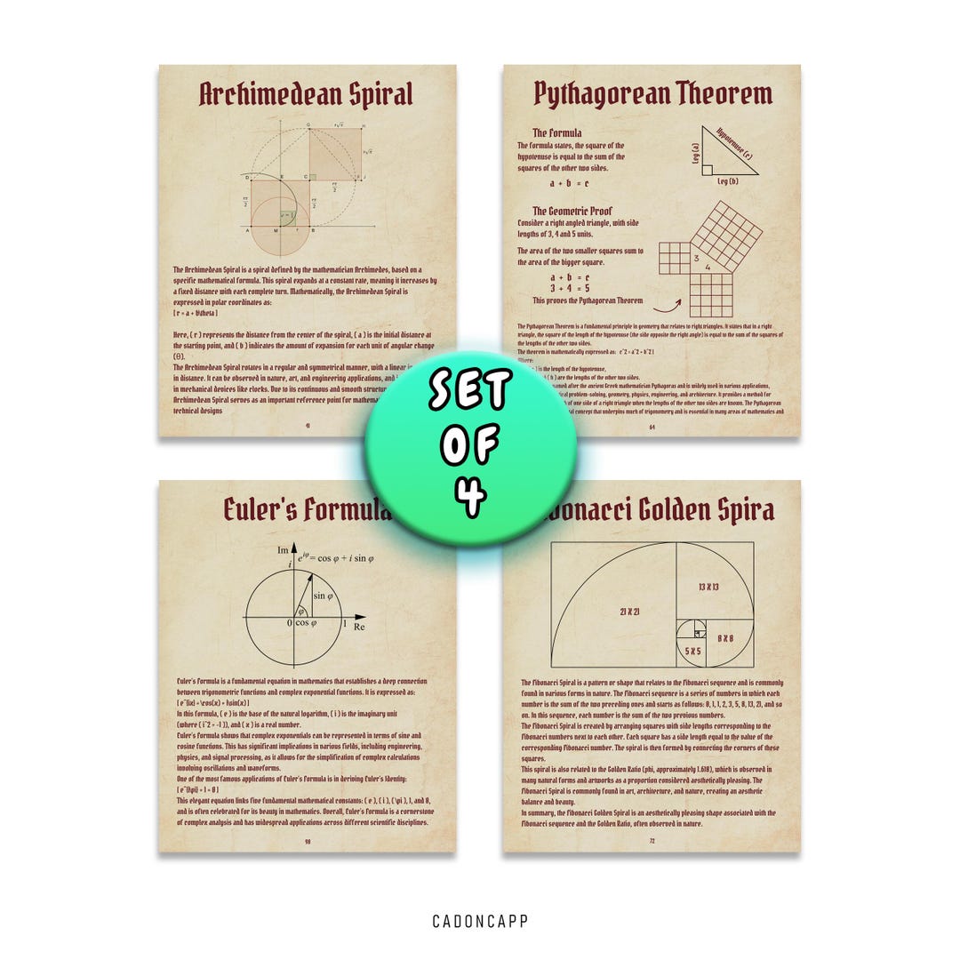 Archimedean Spiral, Euler's Formula, Fibonacci Golden Spiral, Pythagoras Theorem Gift, Decor for ...