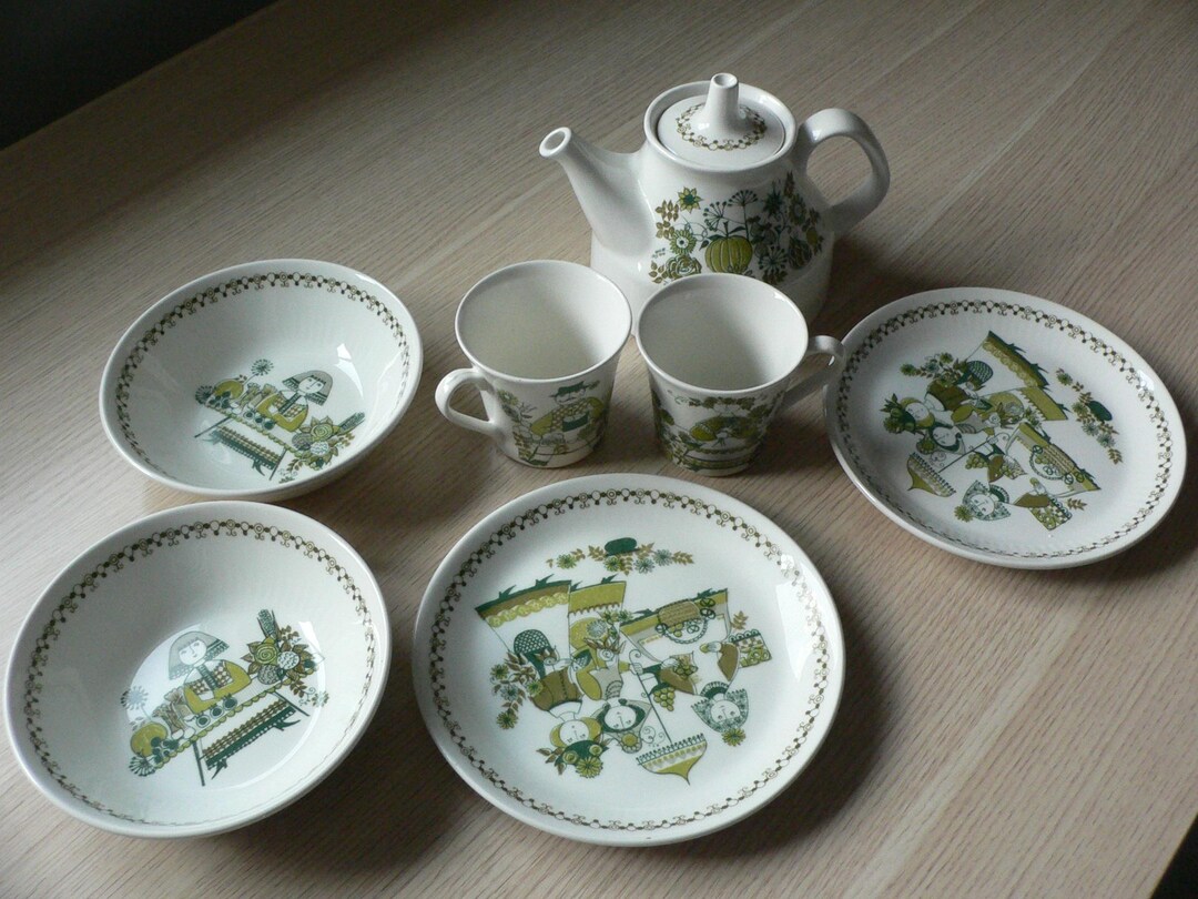 Figgjo Flint MARKET Series: Tea Pot,2 Breakfast Plates,2 Cereal Bowls ...