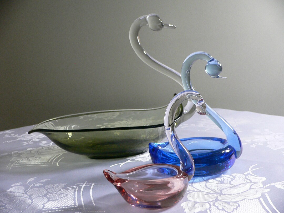 Vintage Large Duncan& Miller Clear and Green Swan Dish.murano Blue and ...