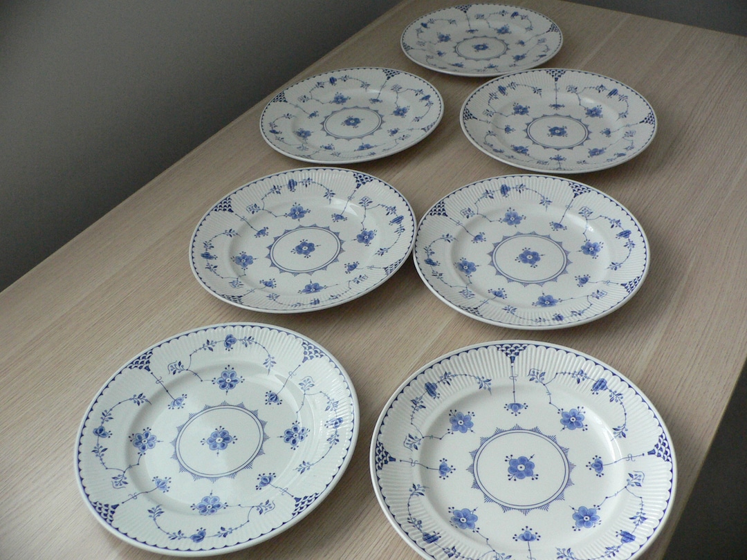 7 Furnivals Limited Denmark Blue Dinner Plates Fluted Rim White and ...