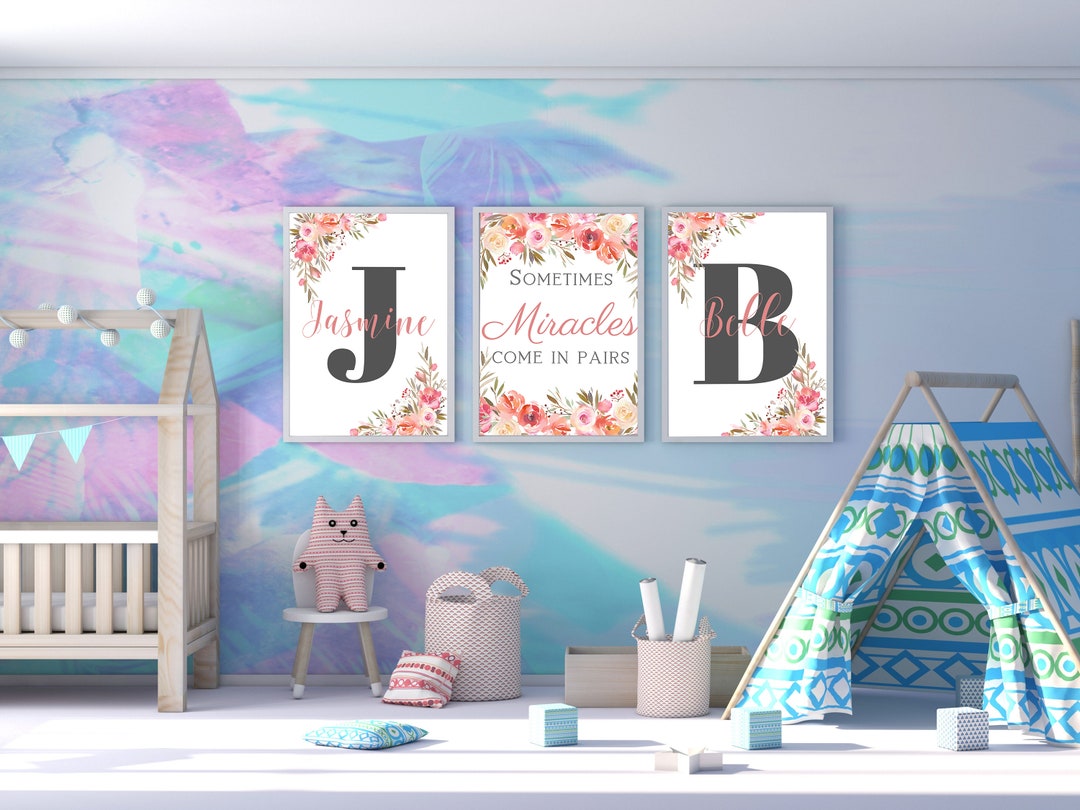Set of 3 Prints, Twin Nursery Room Printables, Monogram Letter ...