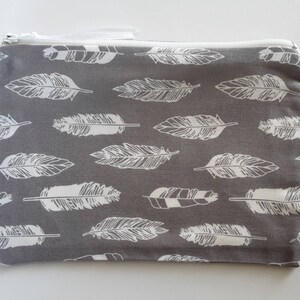 Feather Zipper Pouch, Gray Feather Zipper Pouch, Cotton Fabric Zipper ...