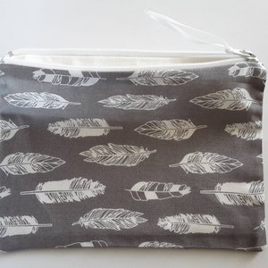 Feather Zipper Pouch, Gray Feather Zipper Pouch, Cotton Fabric Zipper ...