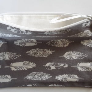 Feather Zipper Pouch, Gray Feather Zipper Pouch, Cotton Fabric Zipper ...