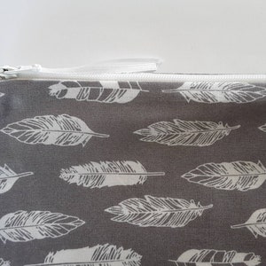 Feather Zipper Pouch, Gray Feather Zipper Pouch, Cotton Fabric Zipper ...