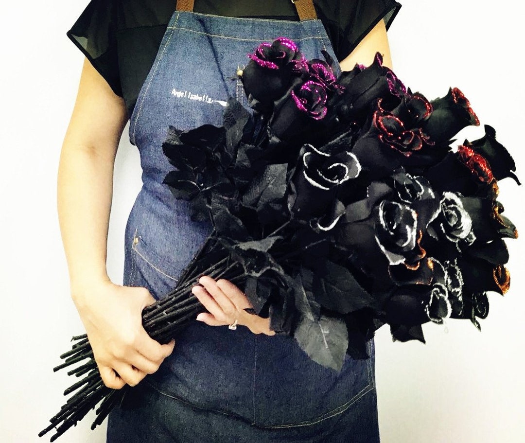 Pack of 20- Long Stem Black Rose With Glitter Trim Centerpiece Bouquet ...