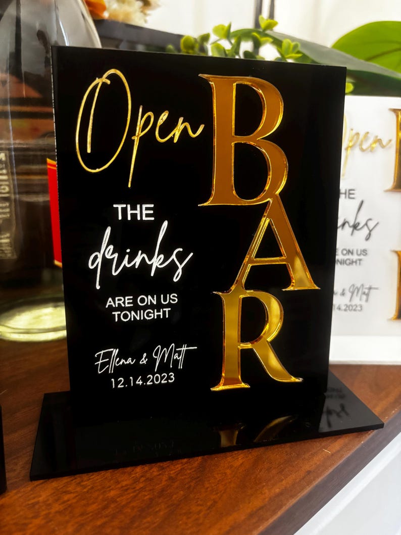 Open Bar Wedding Sign – 3D Gold Mirror BAR Letters – Engraved & Painted ...
