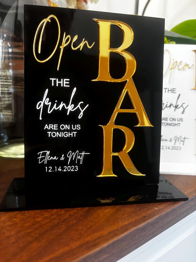 Open Bar Wedding Sign – 3D Gold Mirror BAR Letters – Engraved & Painted ...